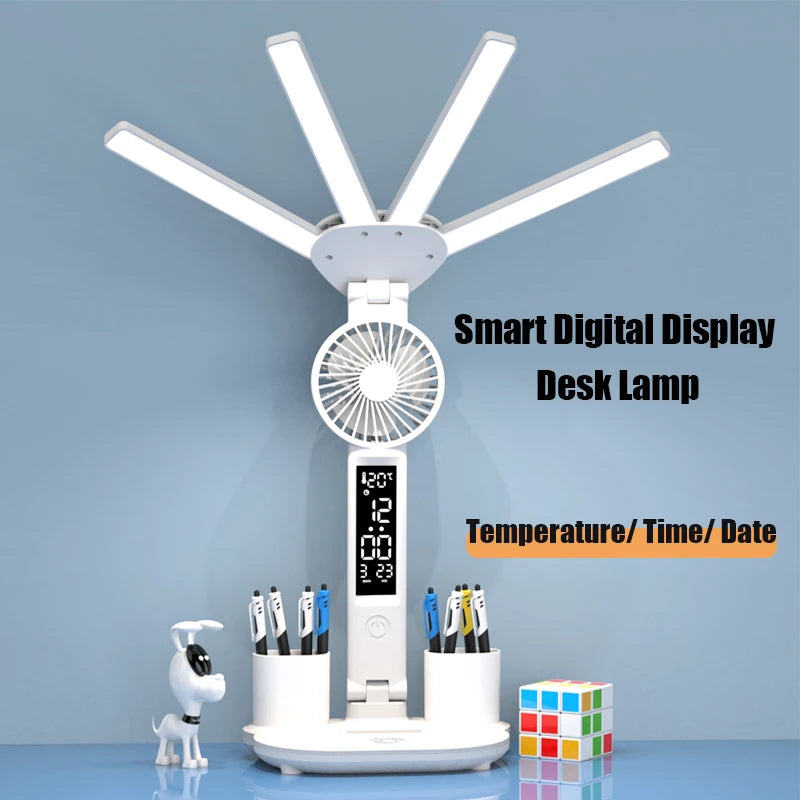 3-in-1 Multifunction LED Desk Lamp with Fan, Calendar, Clock | USB Rec